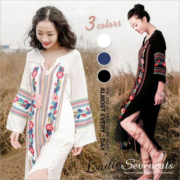 春 新作 マキシ ワンピース レディース ロング 七分袖 ボヘミアン